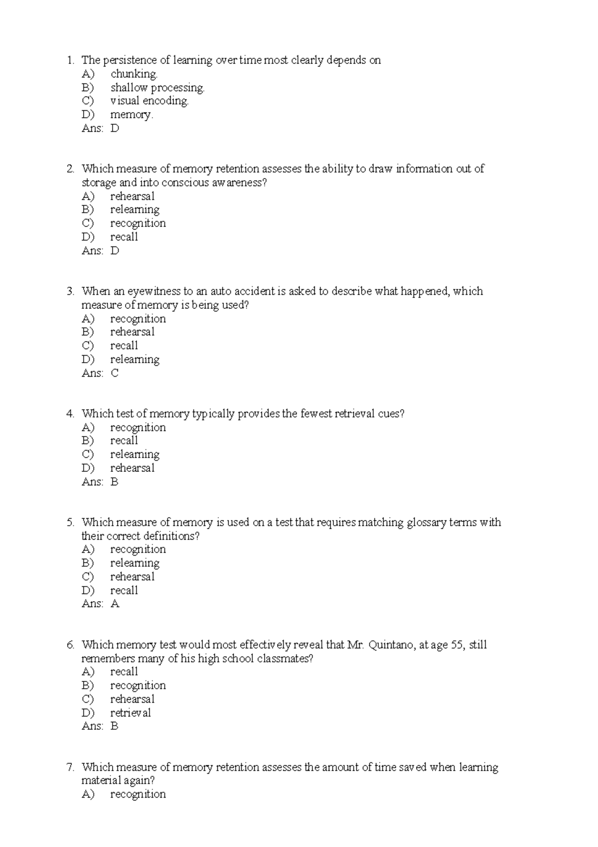 Memory Study Guide & Practice Questions - PSY1101 - Studocu