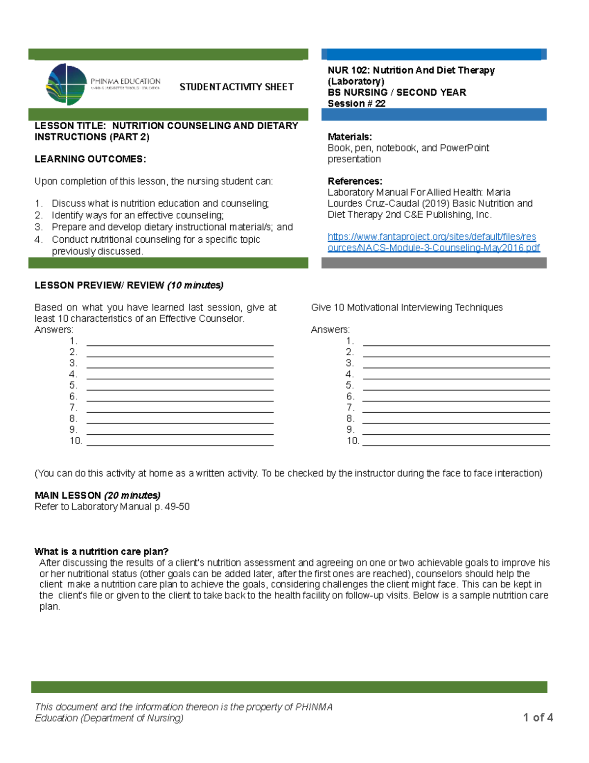 NUR 102: Nutrition Counseling & Dietary Instructions Lesson Notes - Studocu