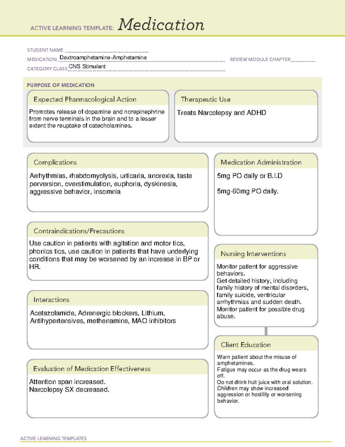 Active Learning Template: Dextroamphetamine Medication Guide - Studocu