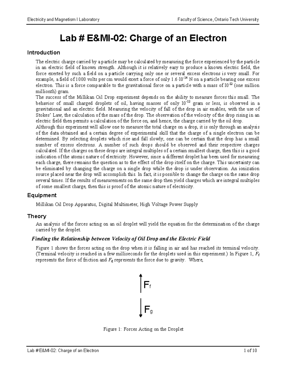 Lab Charge of an Electron - EnM Milikan Drop Experiment - Studocu