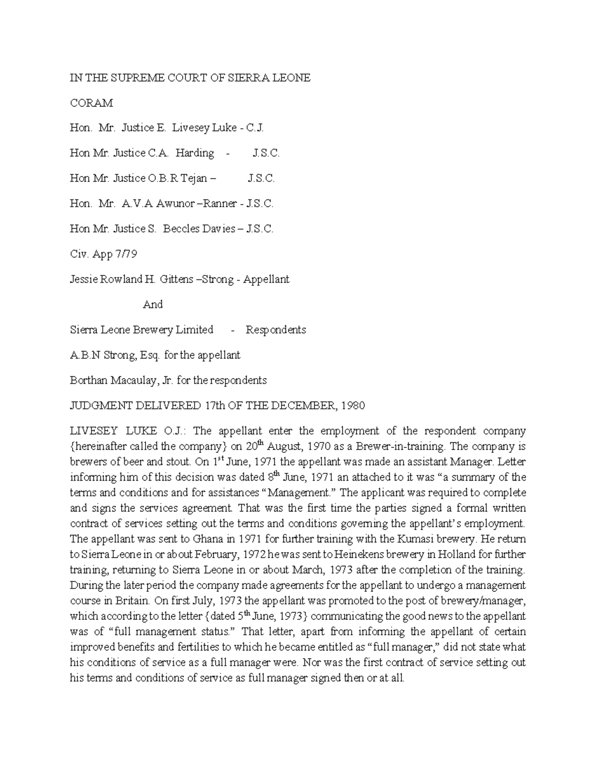 Jessie Rowland H. Gittens v. Sierra Leone Brewery Ltd. (CIV APP 7/79 ...