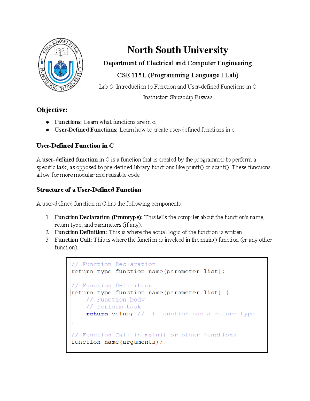 CSE 115L Lab 9: Introduction to Functions in C Programming - Studocu
