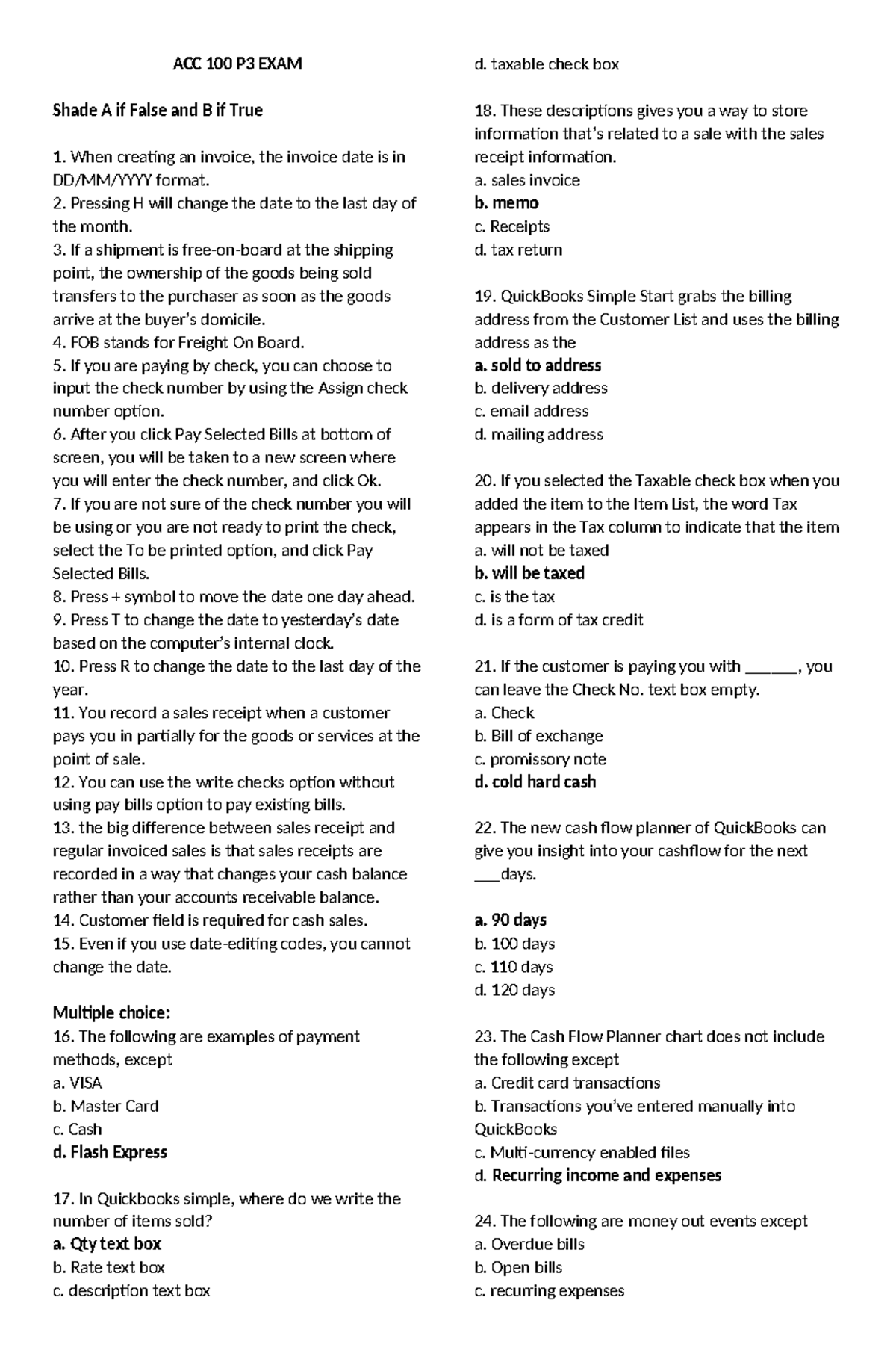 ACC 100 P3 EXAM Answer Key: True/False Questions - Studocu
