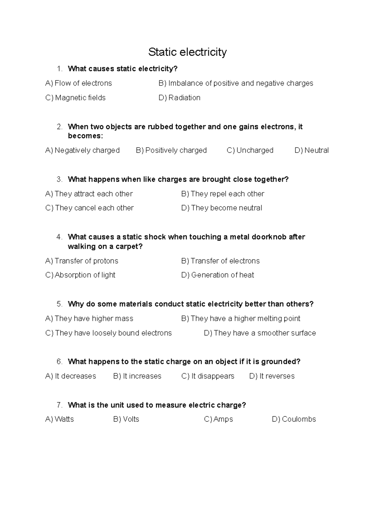 Static Electricity Worksheet with Answers (Study Guide) - Studocu