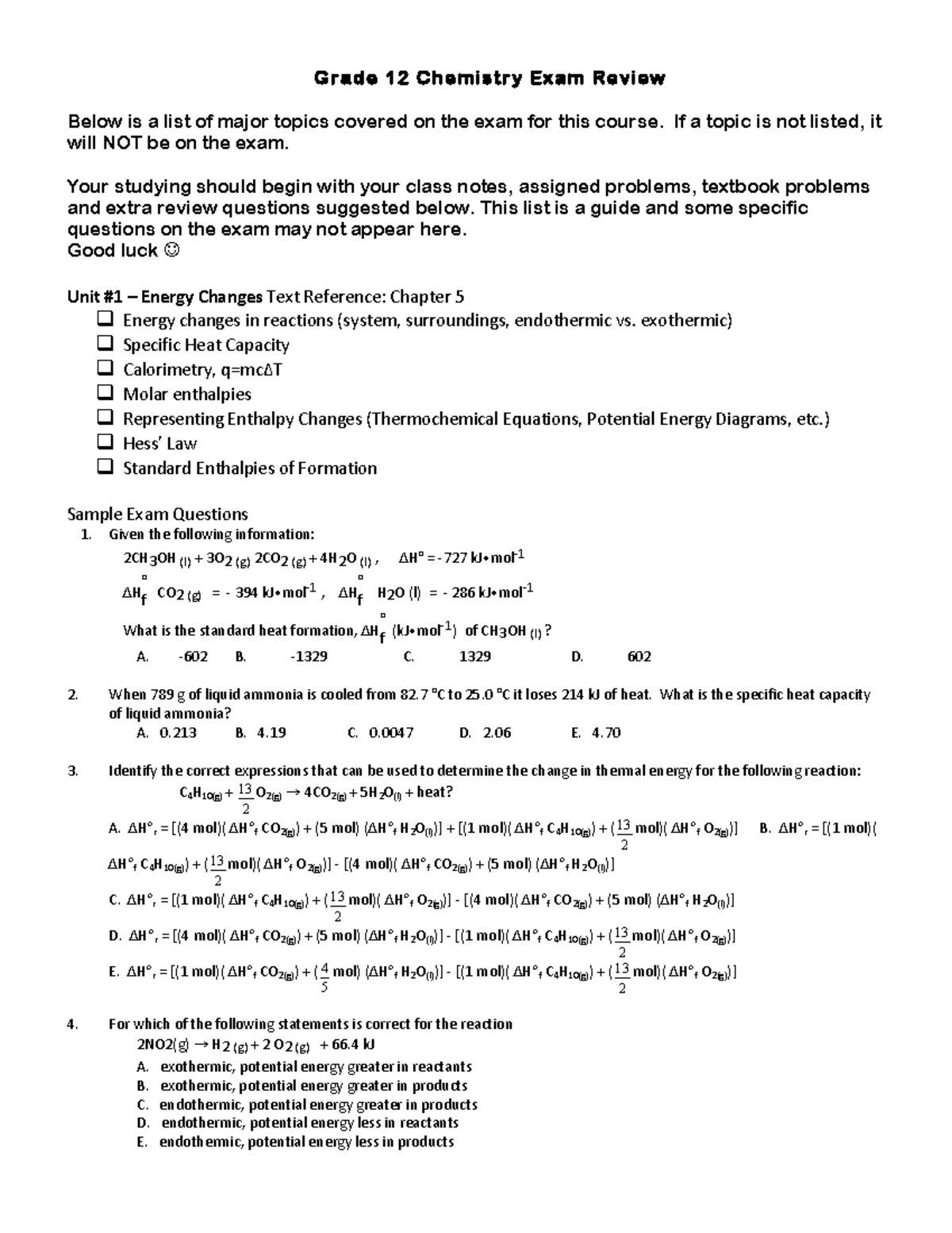 Grade 12 Chemistry Final Exam Review - Key Topics & Sample Questions ...
