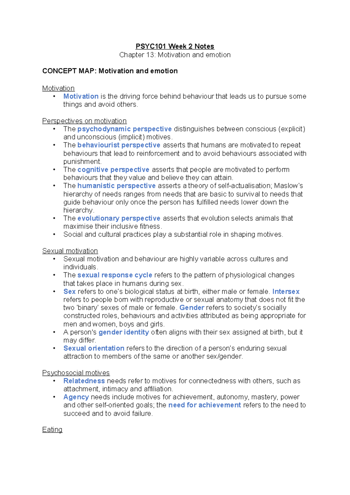PSYC101 Week 2 Notes: Chapter 13 - Motivation & Emotion Overview - Studocu