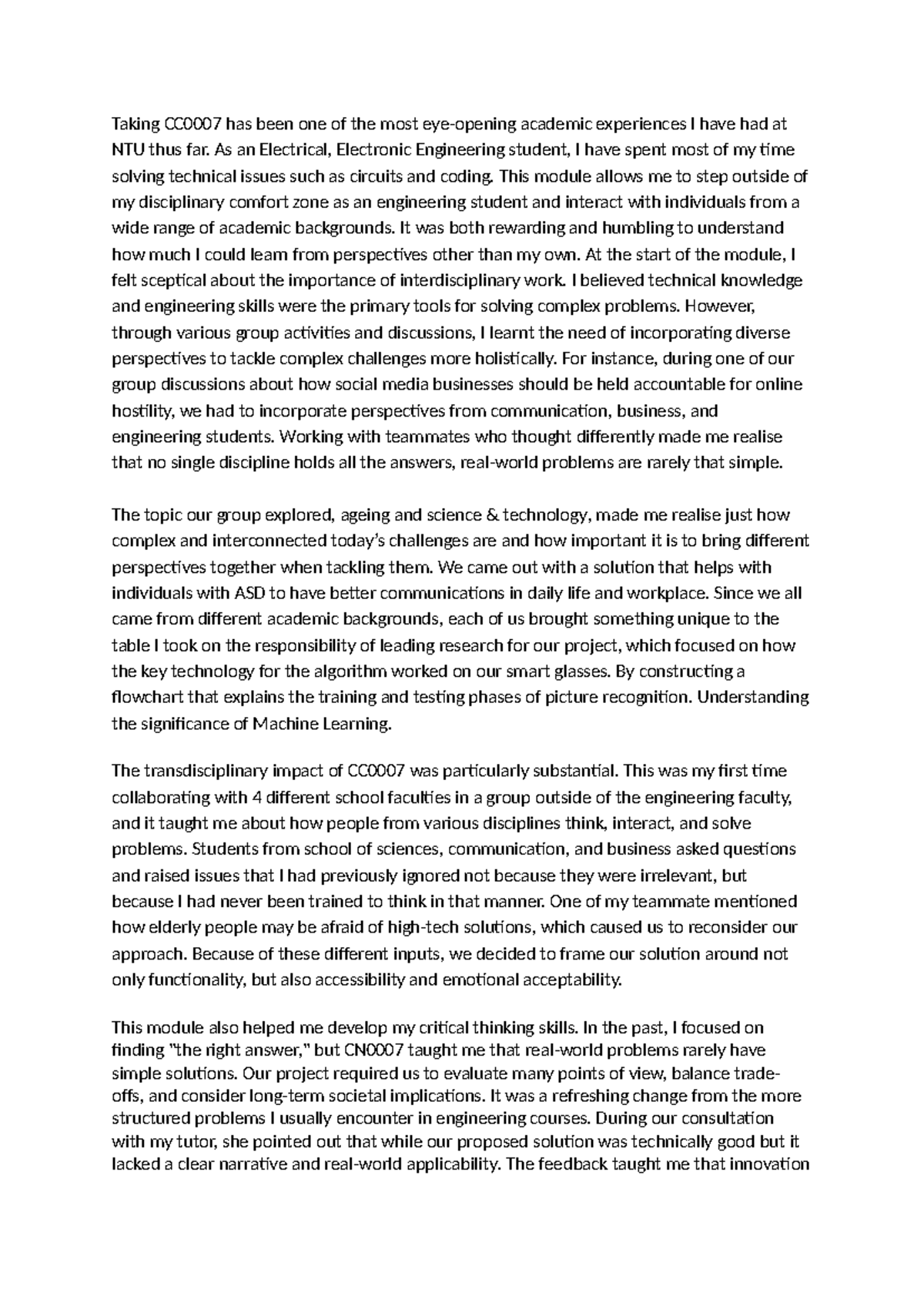 Interdisciplinary Learning in CC0007: A Reflective Essay on ...