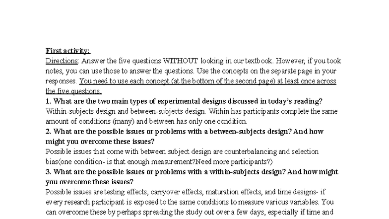 Dev Psych: Experimental Design Concepts & Issues - Activity Responses ...
