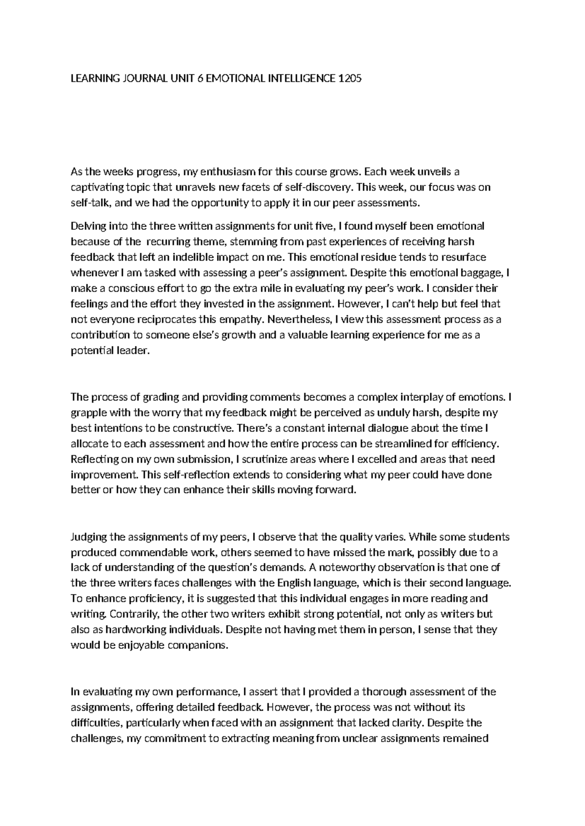 Learning Journal: Unit 6 Analysis on Emotional Intelligence 1205 - Studocu