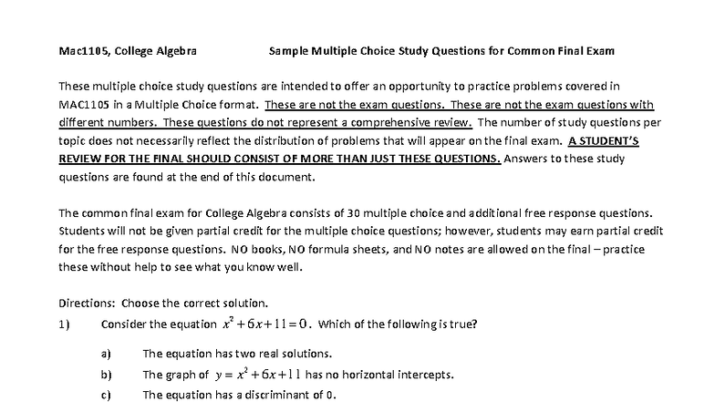 MAC1105 Multiple Choice Review for College Algebra Final Exam - Studocu