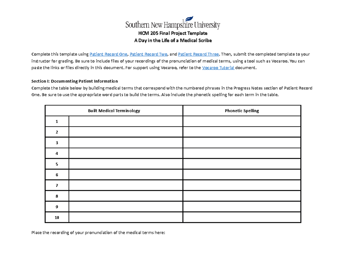 HCM 205 Final Project Template: Medical Scribes Document Guide - Studocu