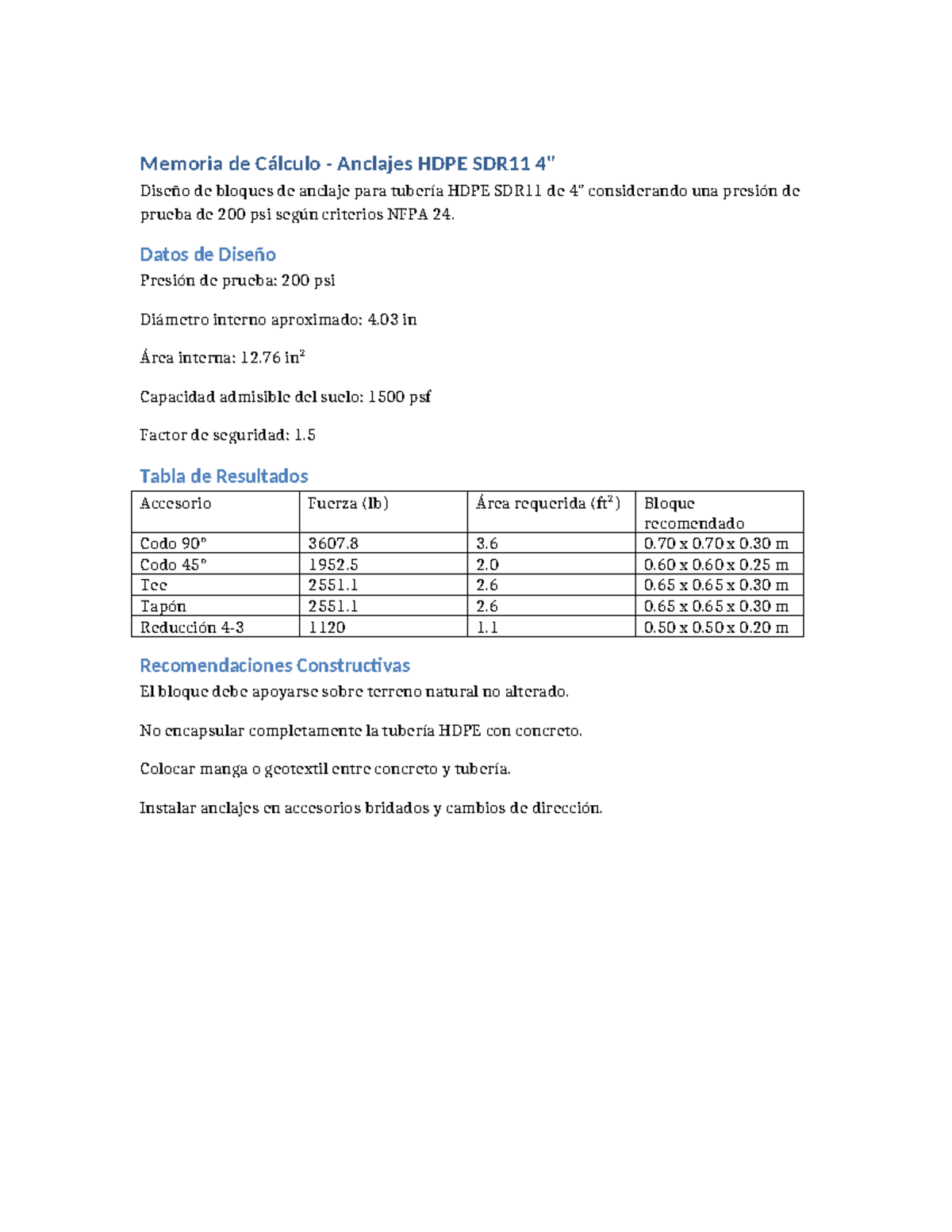 Memoria de Cálculo de Anclajes HDPE SDR11 para Tubería 4in - Studocu
