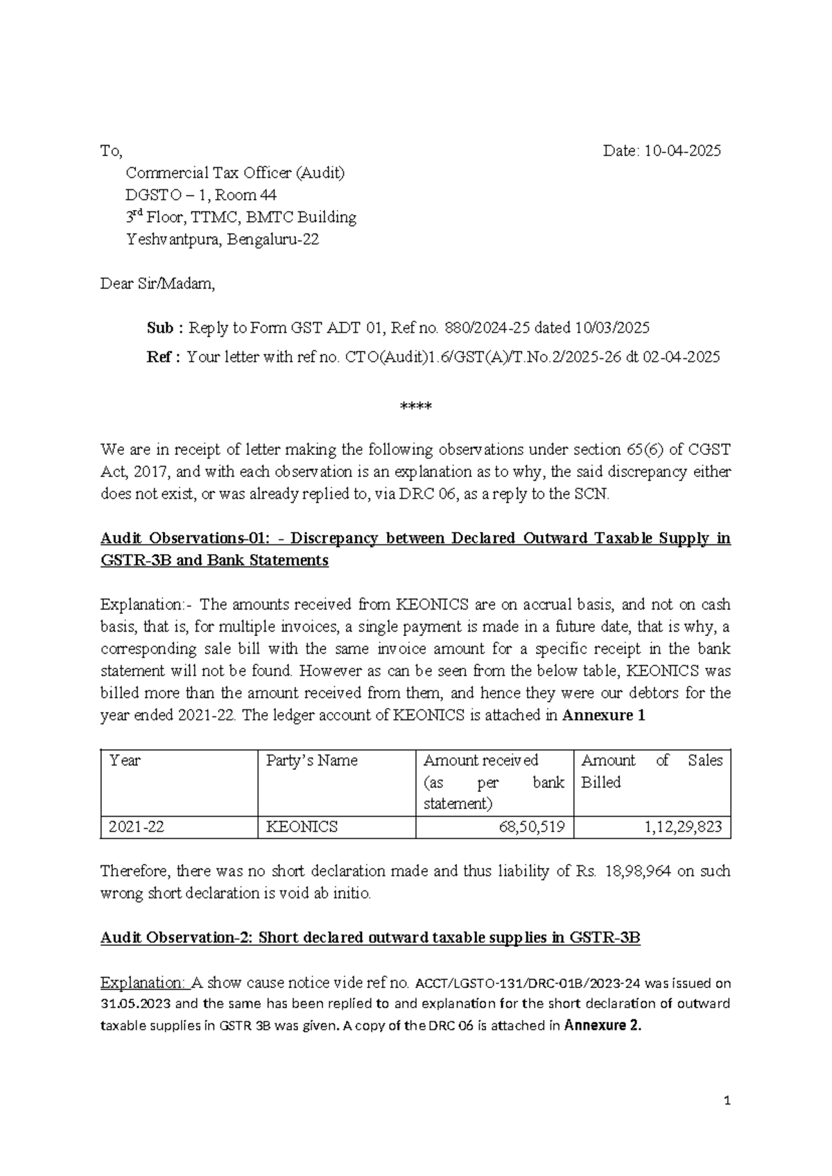 Reply to Form GST ADT 01: Audit Observations & Explanations - Studocu