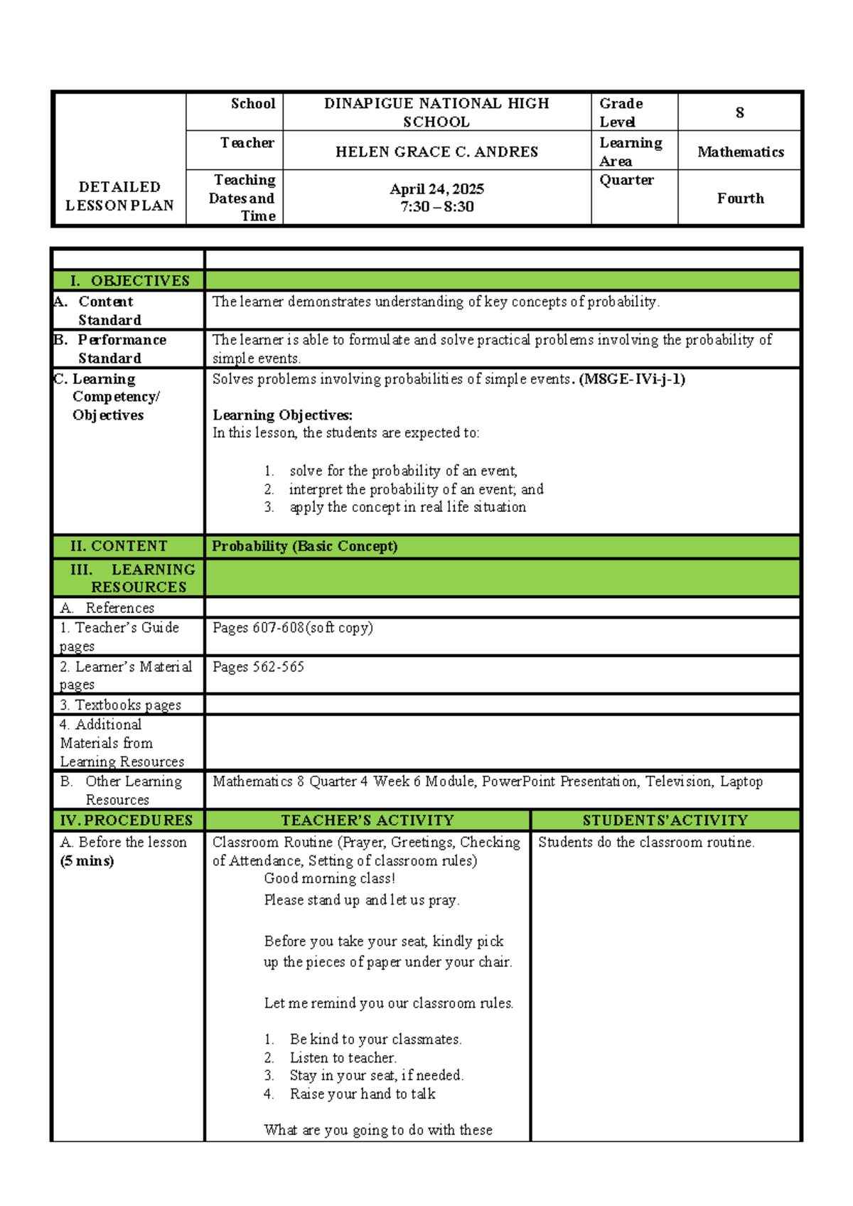 Detailed Lesson Plan on Probability for Grade 8 Mathematics (Quarter 4 ...