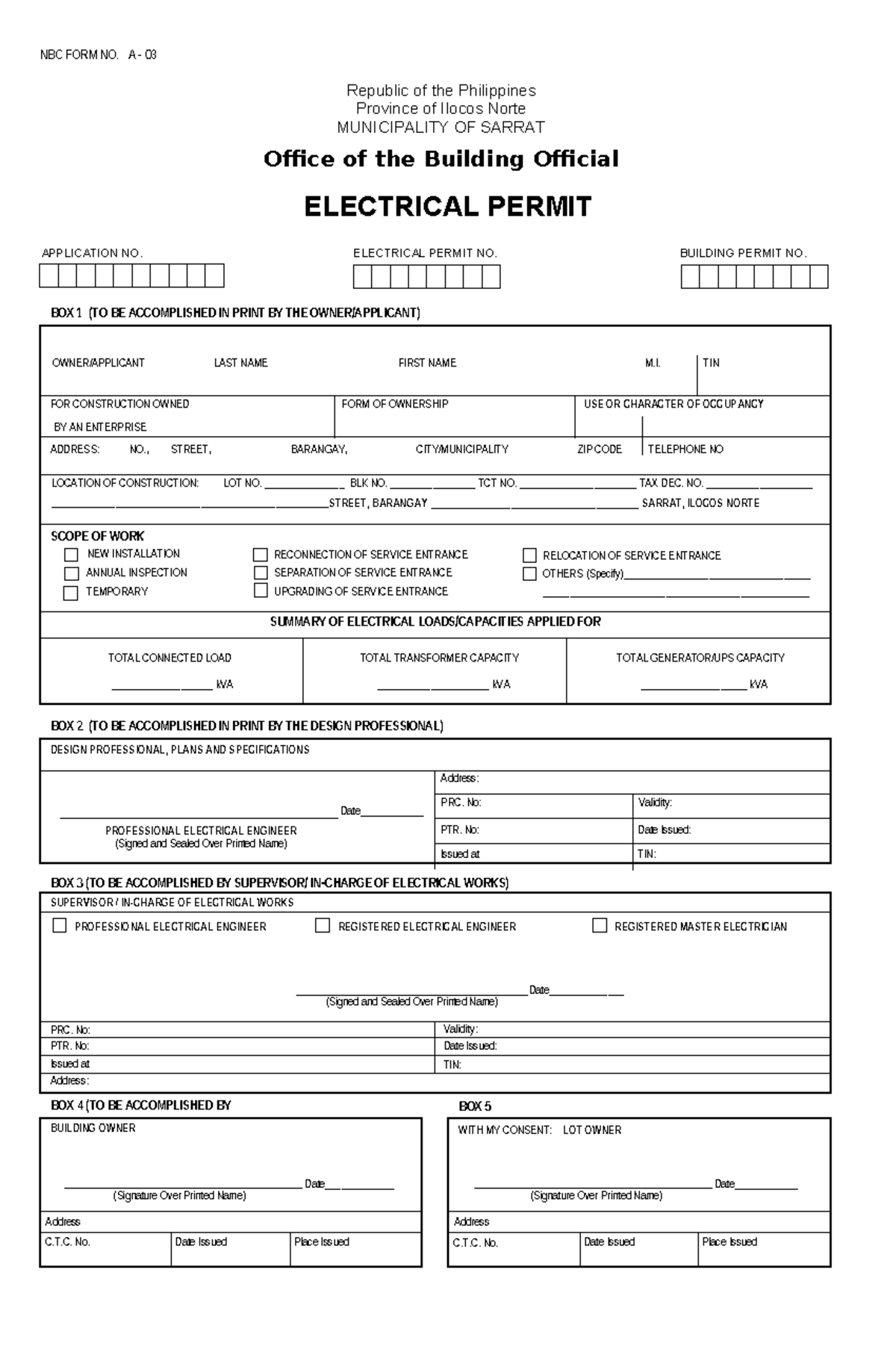 Electrical Permit Application Form - NBC FORM NO. A - 03, Sarrat ...