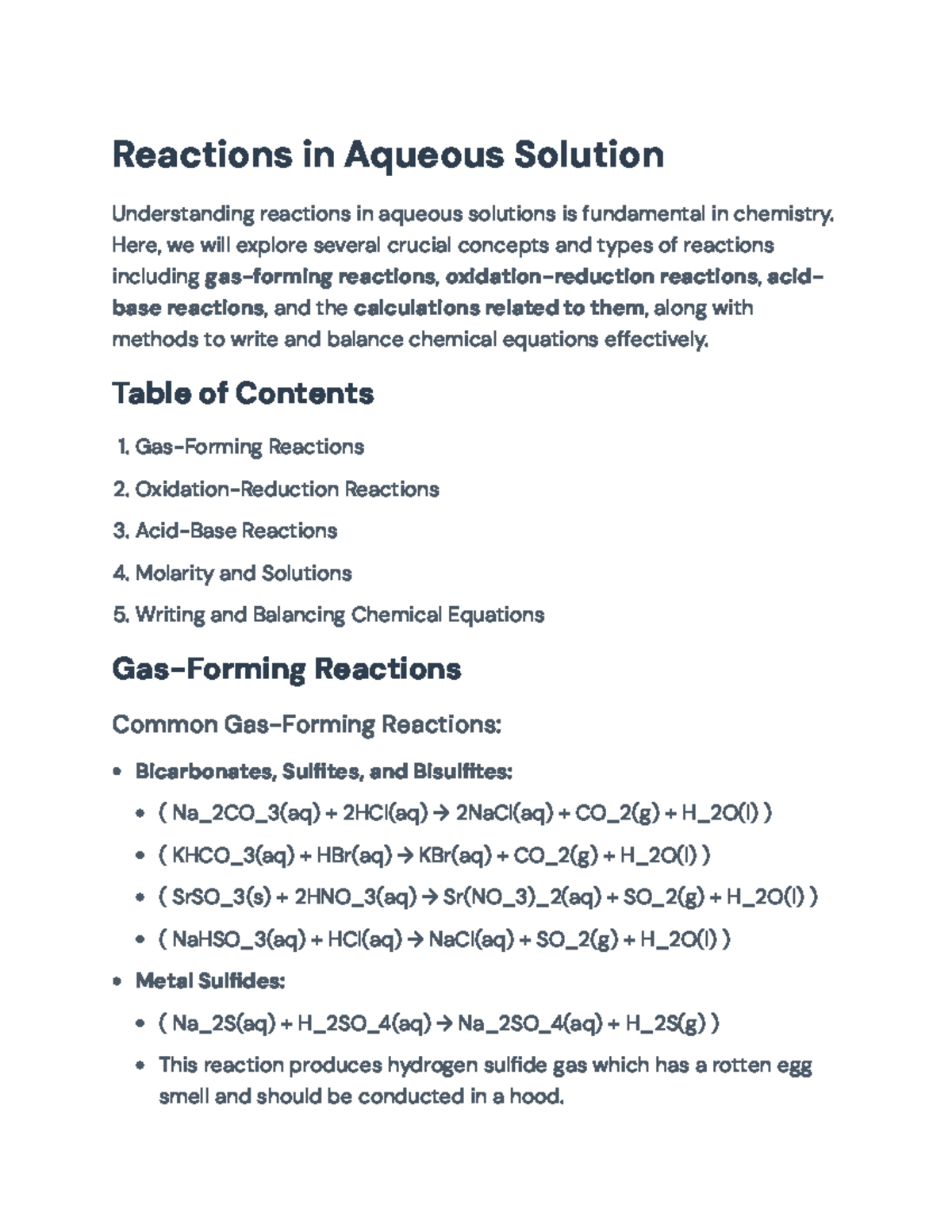 Aqueous Solution Reactions: Gas-Forming, Redox, Acid-Base and Molarity ...