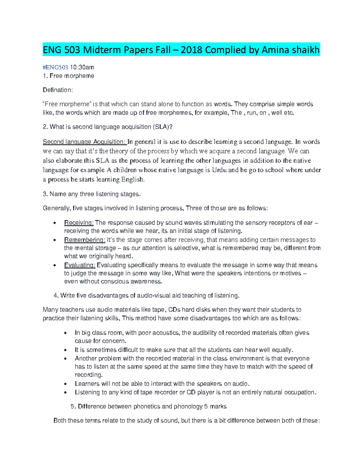 ENG503 Mids solved - NO need - ENG 503 Midterm Papers Fall – 2018 Complied by Amina shaikh # ...