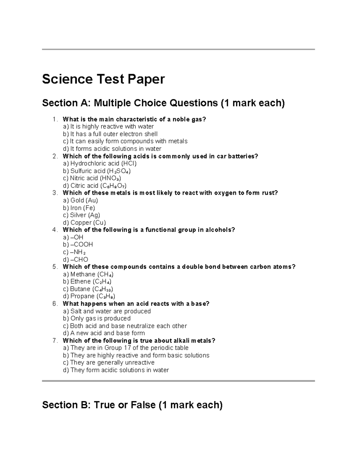 Science Test Paper 7: MCQs, True/False & Short Answer Questions - Studocu