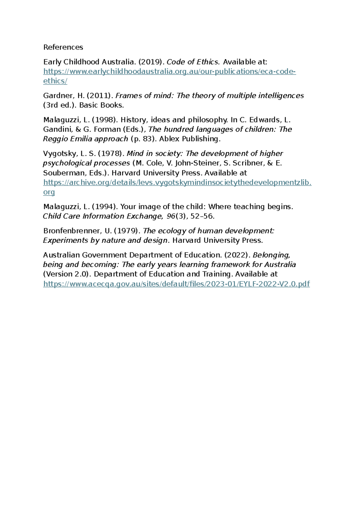 References for Assessment 1: Early Childhood Ethics & Theories - Studocu