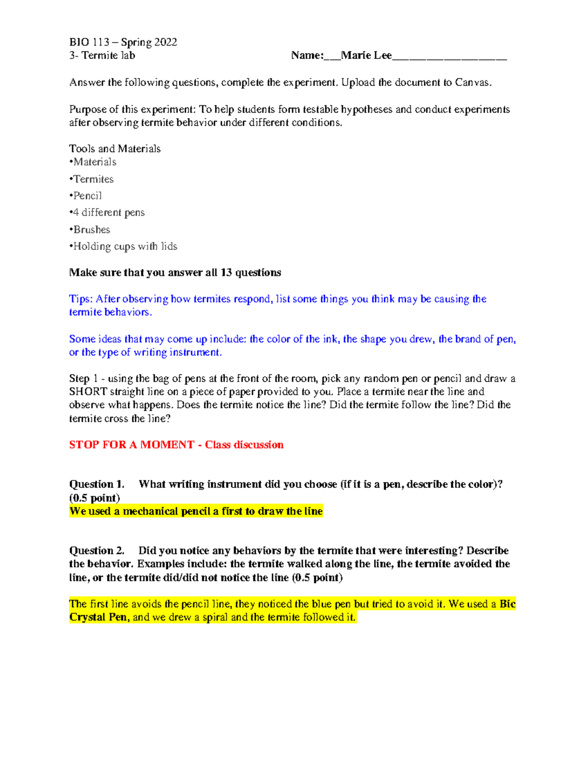 Lab Worksheet 2 - Experimenting with Termite Behavior - Studocu