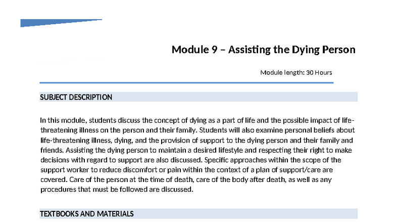 NACC2017V.4 Module 9: Supporting the Dying Person (30 Hours) - Studocu