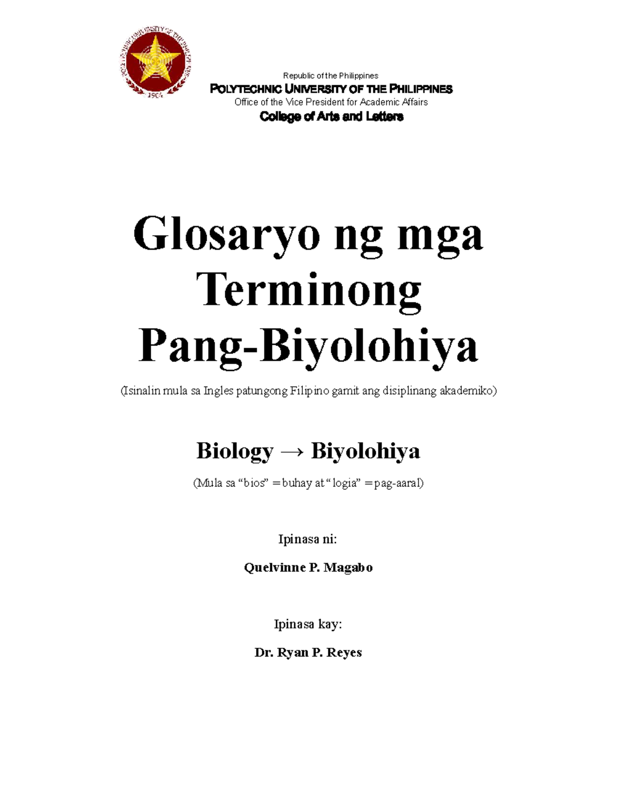 Glosaryo ng mga Terminong Biyolohiya (Biology) - Quelvinne P. Magabo ...
