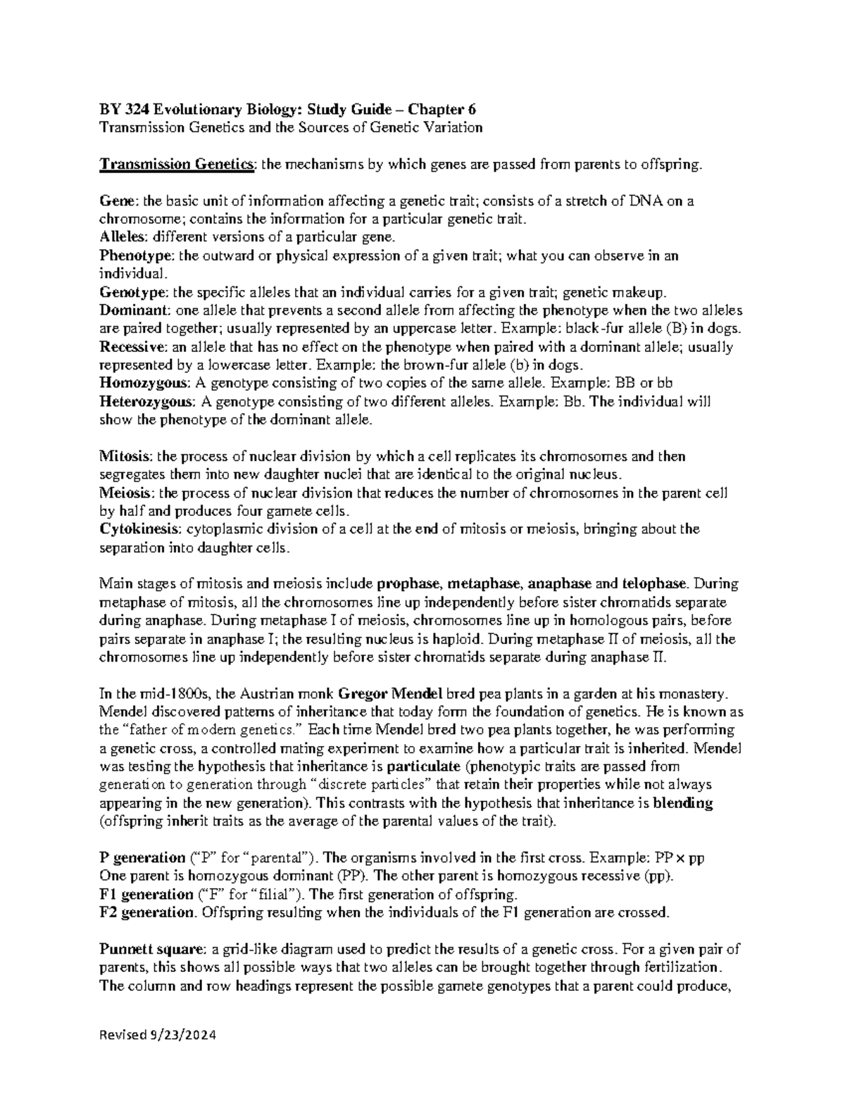 BY 324 Evolutionary Biology: Study Guide – Chapter 6 on Transmission Genetics - Gene: the basic ...