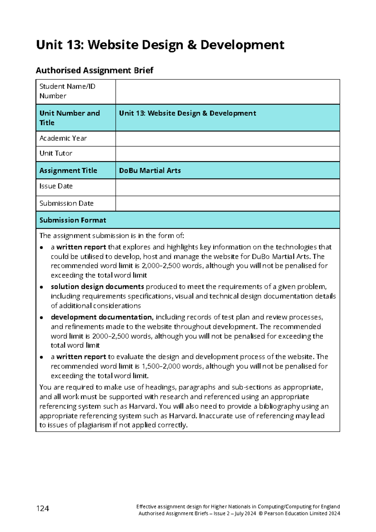 Unit 13: Website Design Development Assignment Brief for DuBo Martial ...