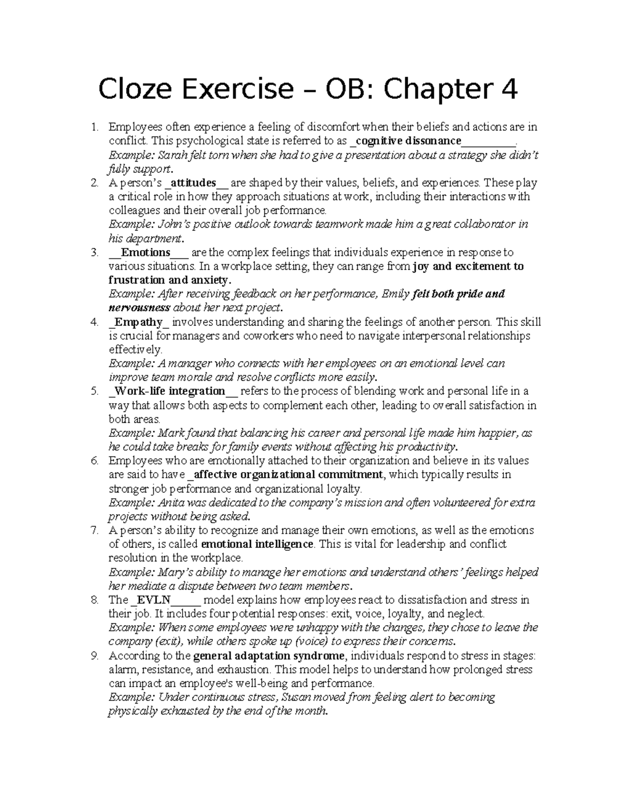 Chapter 4 - Cloze Exercise Examples & Answers - OB Course - Studocu