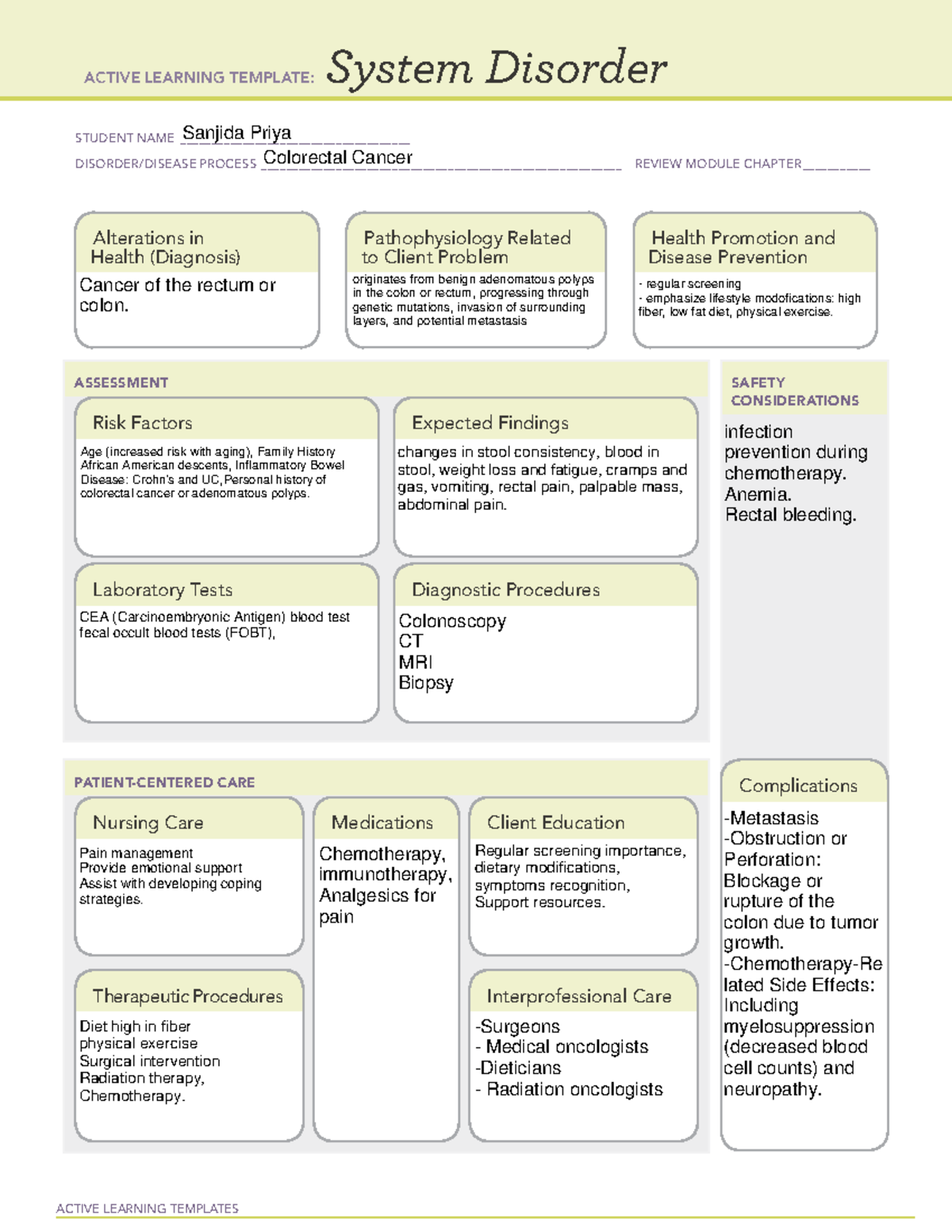 System Disorder: Colorectal Cancer Active Learning Template - Studocu