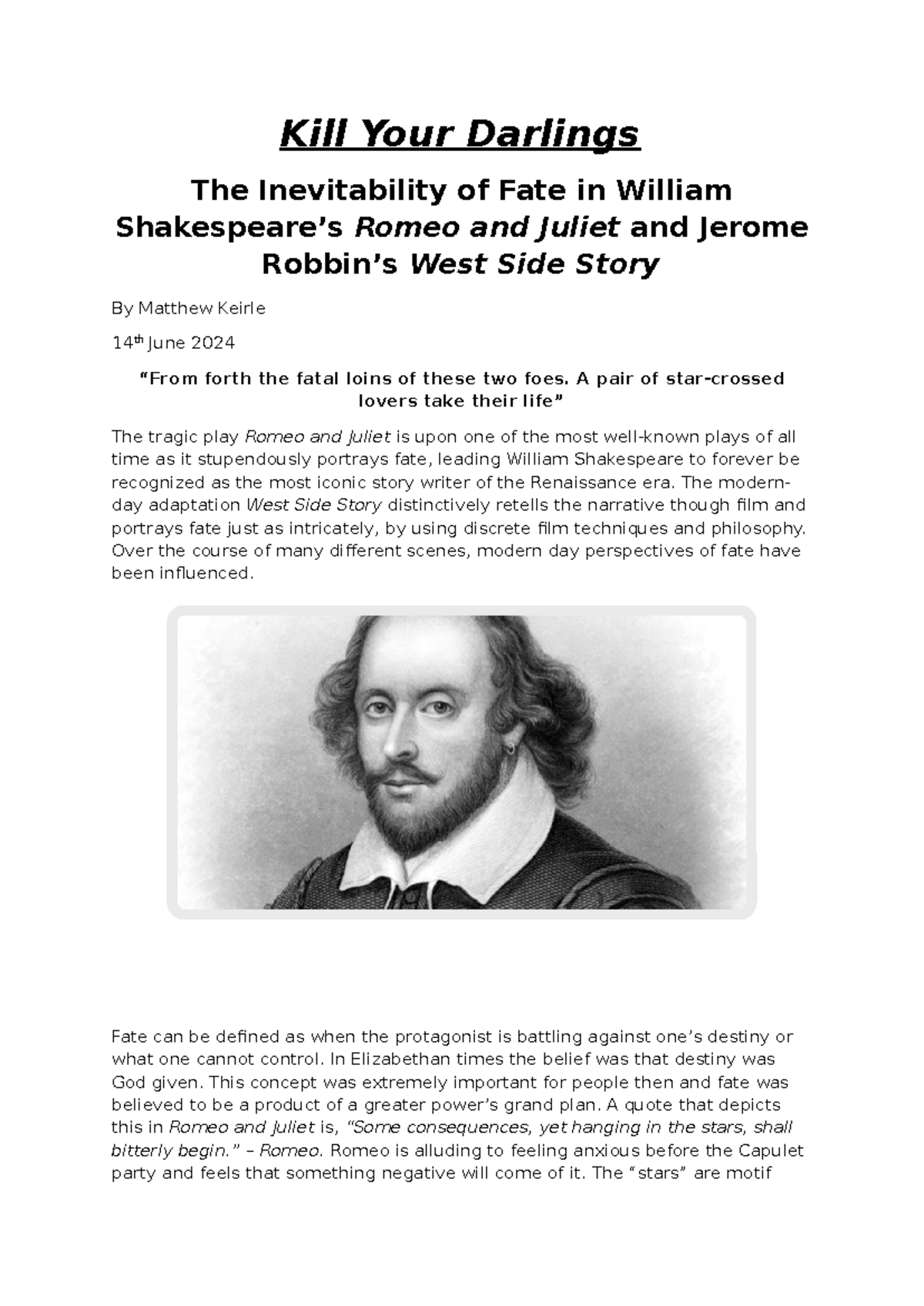 T2 English Assignment: Fate in Romeo and Juliet vs. West Side Story ...