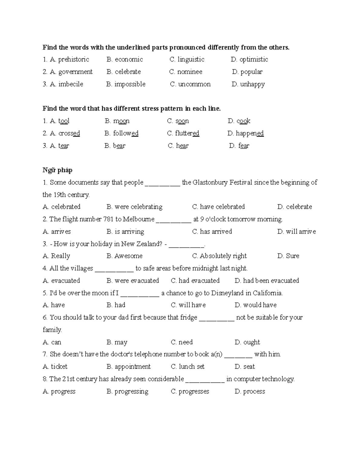 Đề 1 - Tiếng Anh: Phát Âm và Ngữ Pháp - Studocu