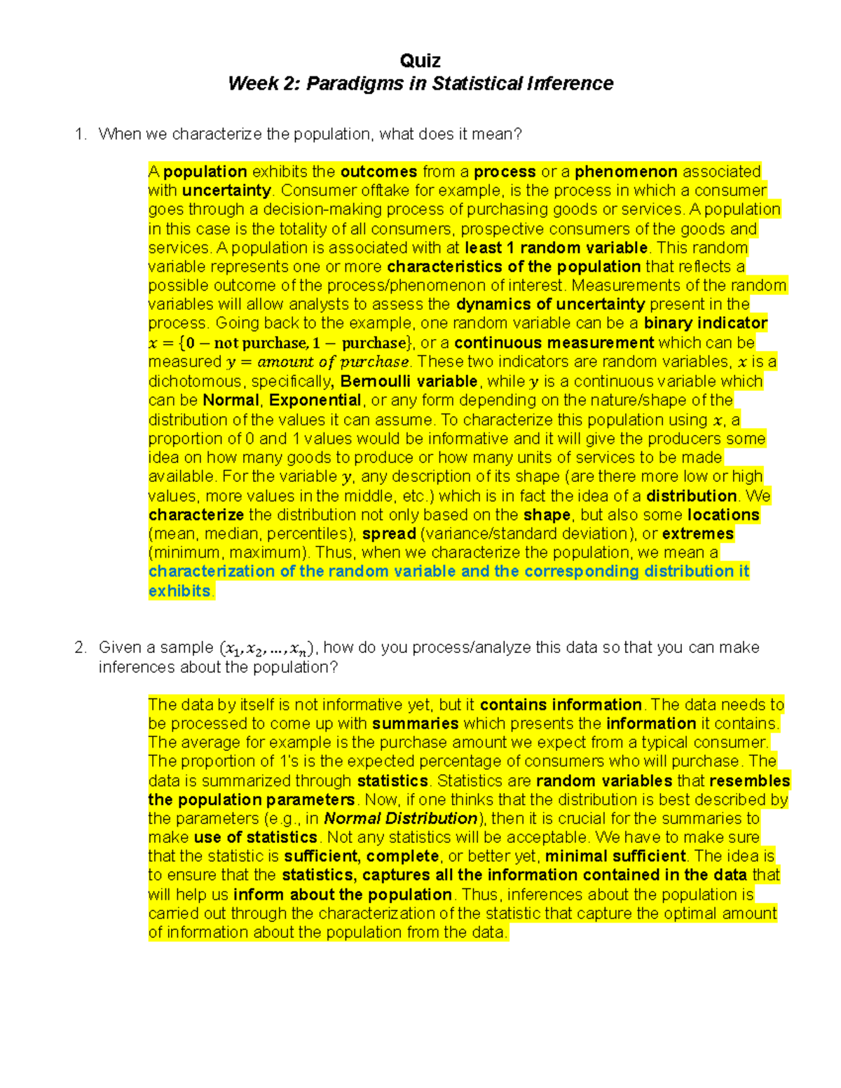 Week 2 Quiz Solutions: Paradigms in Statistical Inference - Studocu