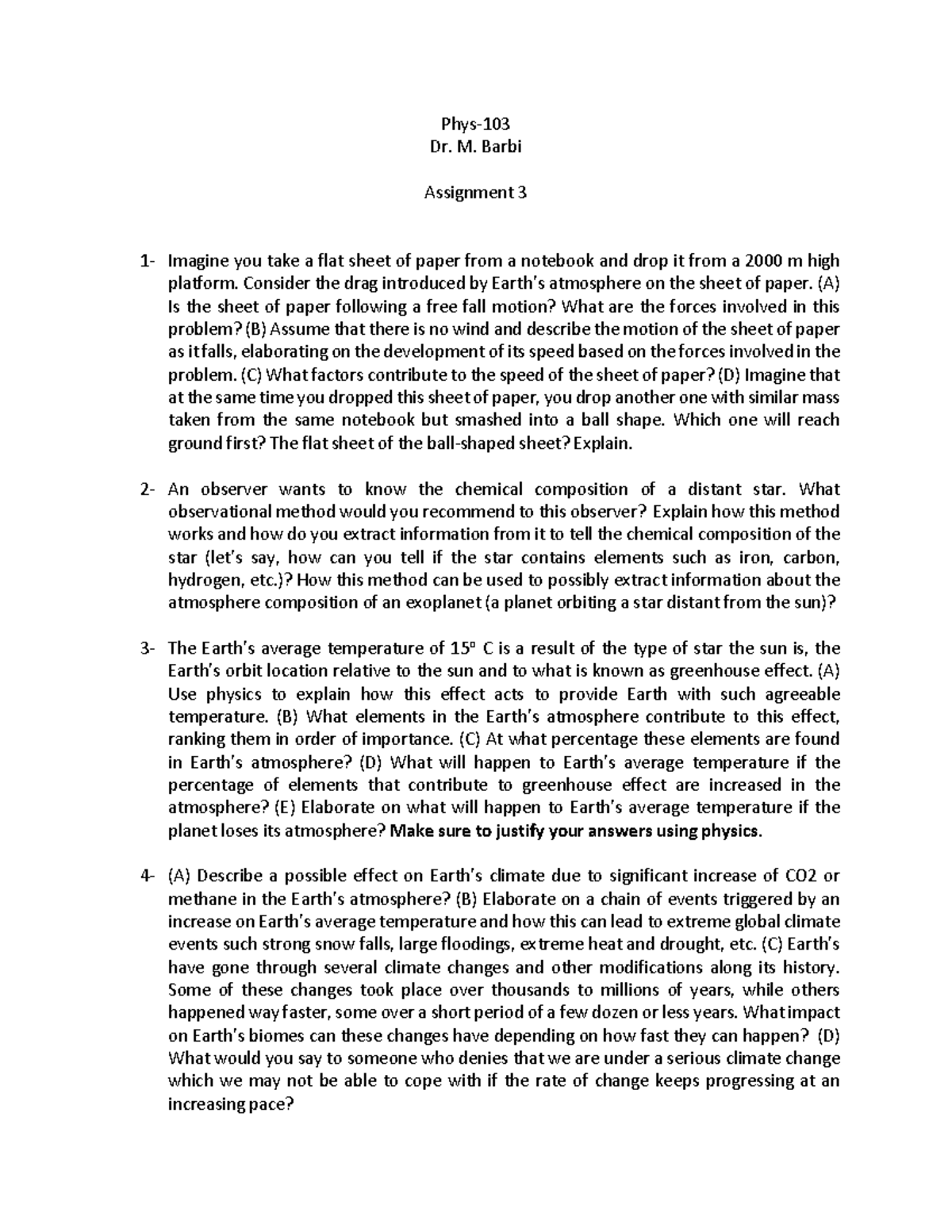 Physics 103 assignment 3: Forces and motion of falling objects - Studocu