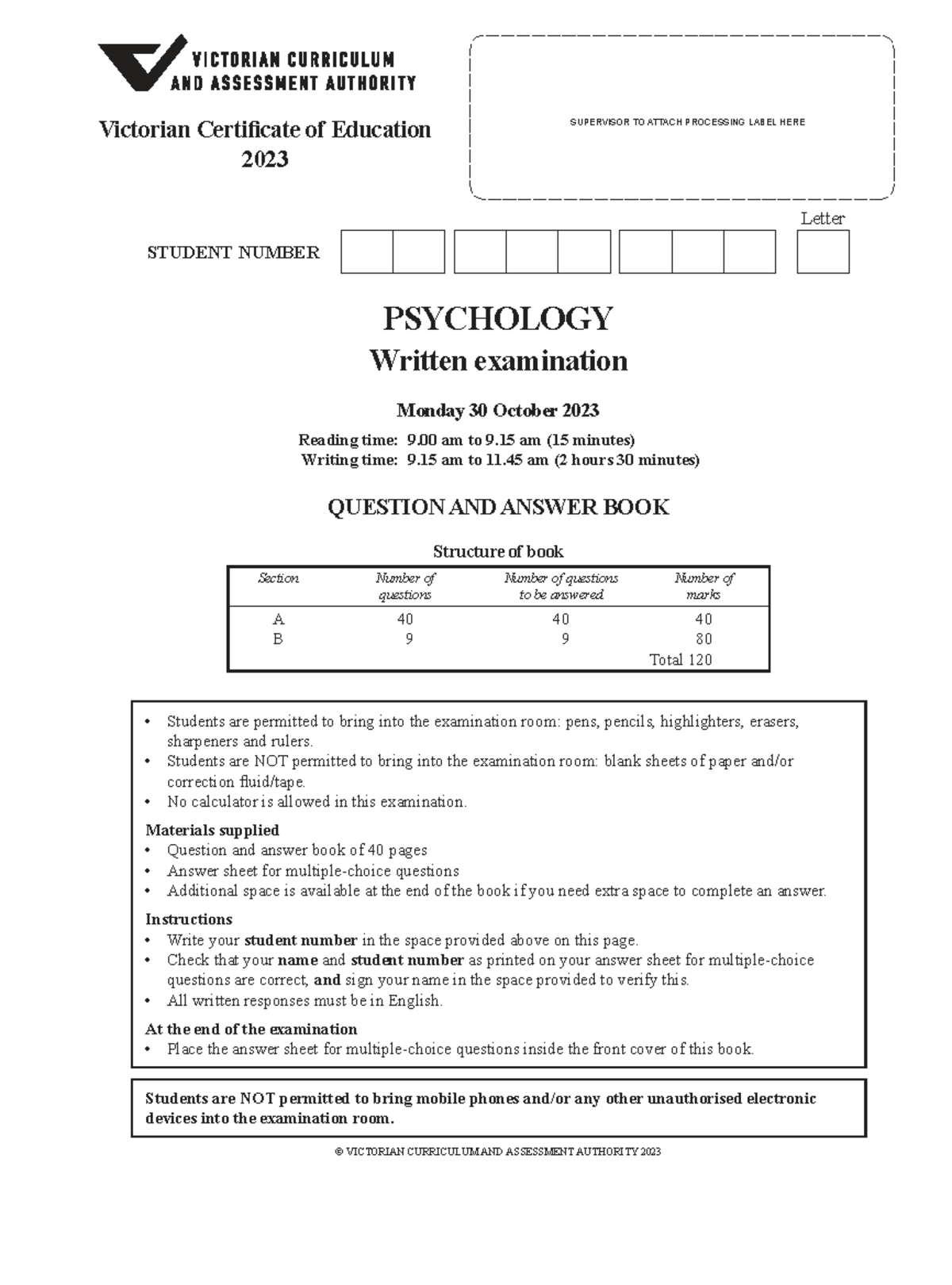2023 PSYCHOLOGY EXAM - VCE Final Exam Guide - Studocu