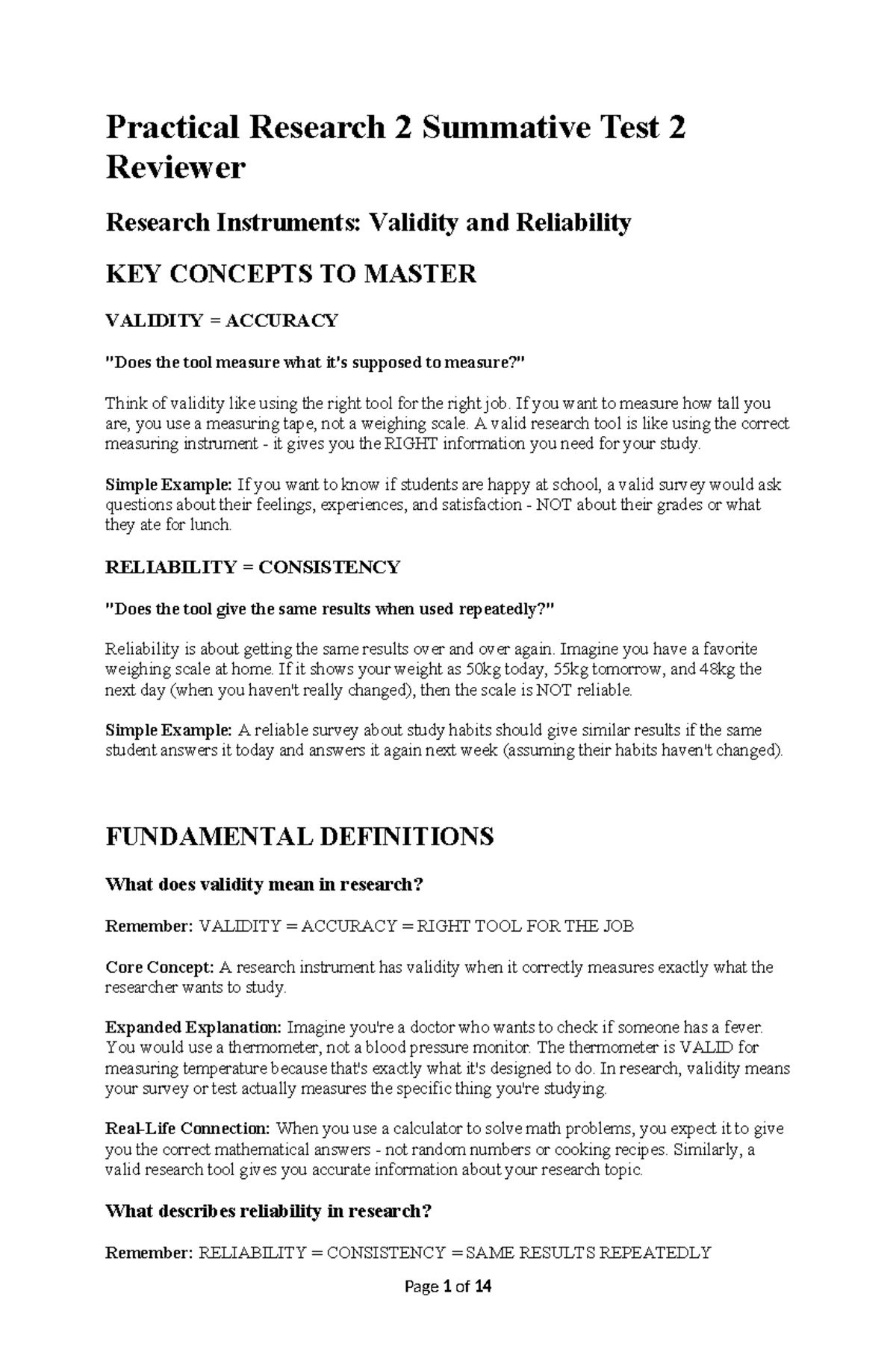 Practical Research 2 Summative Test 2: Validity & Reliability Concepts ...