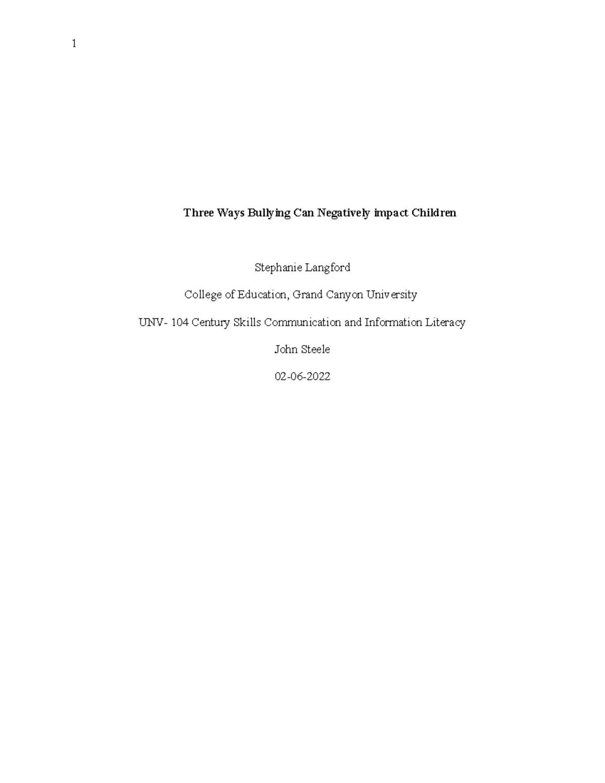 UNV-104 Expository Essay: The Impact of Bullying on Children's Mental ...