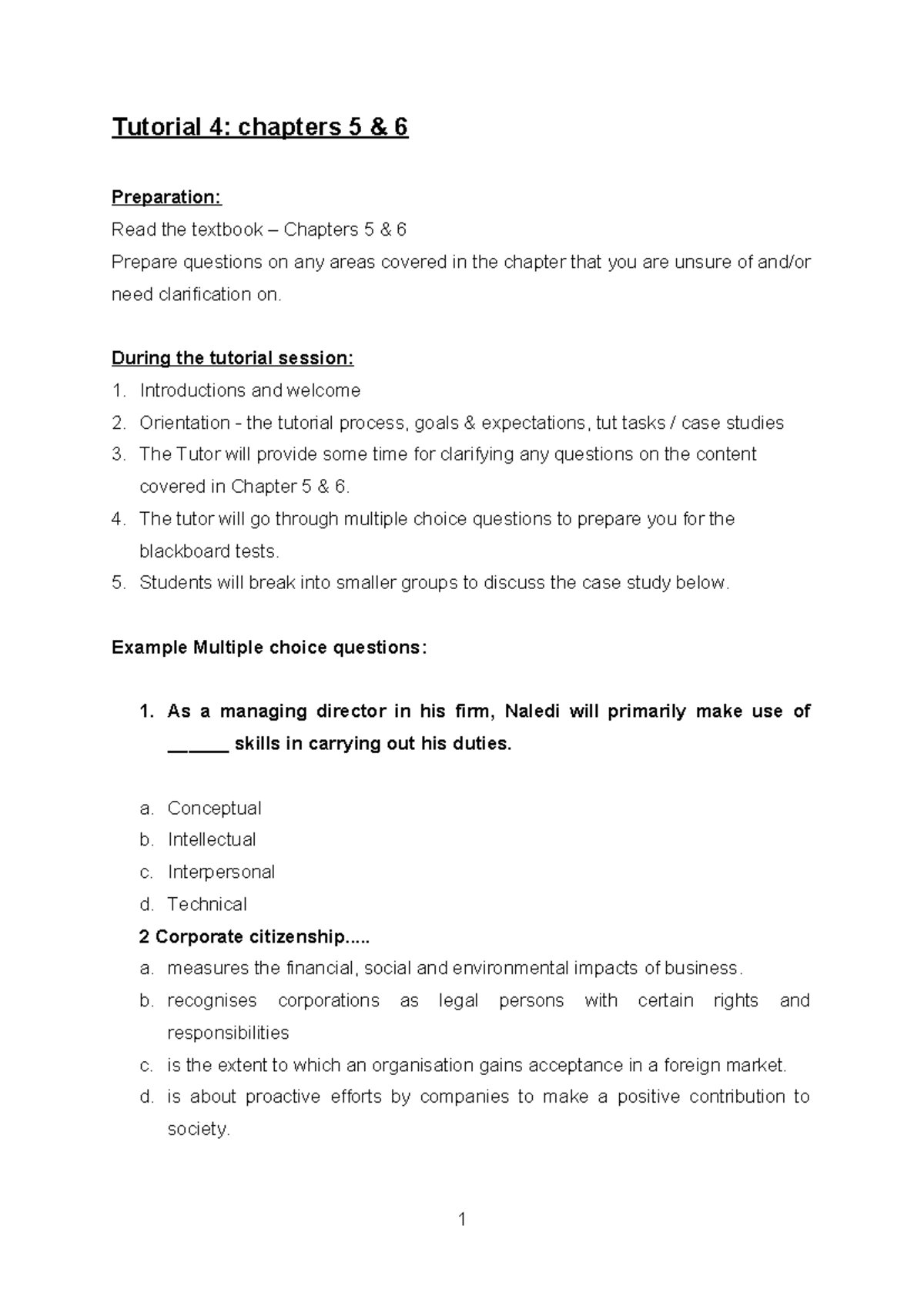 Tutorial Questions on Chapters 5 & 6 - Case Study Discussion - Studocu