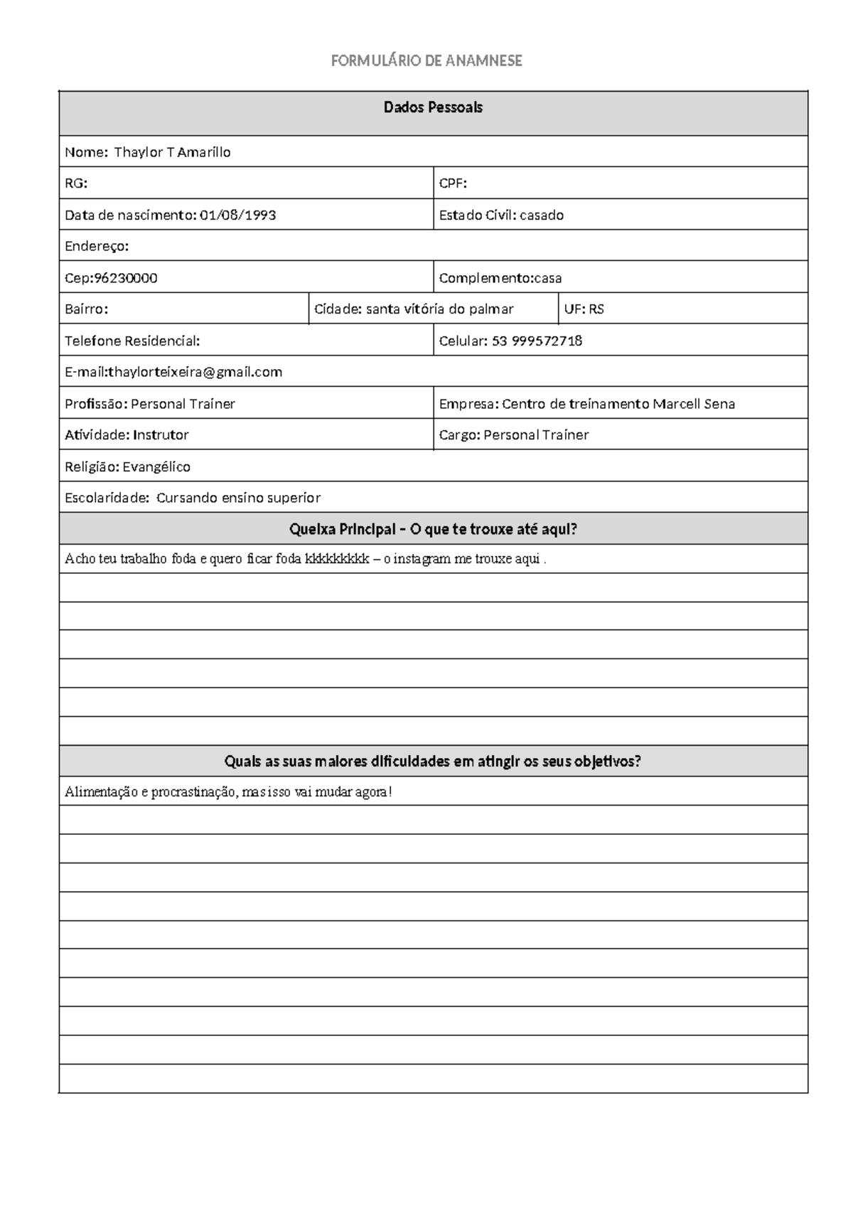 Formulário de Anamnese Pessoal - Curso 11 - Studocu