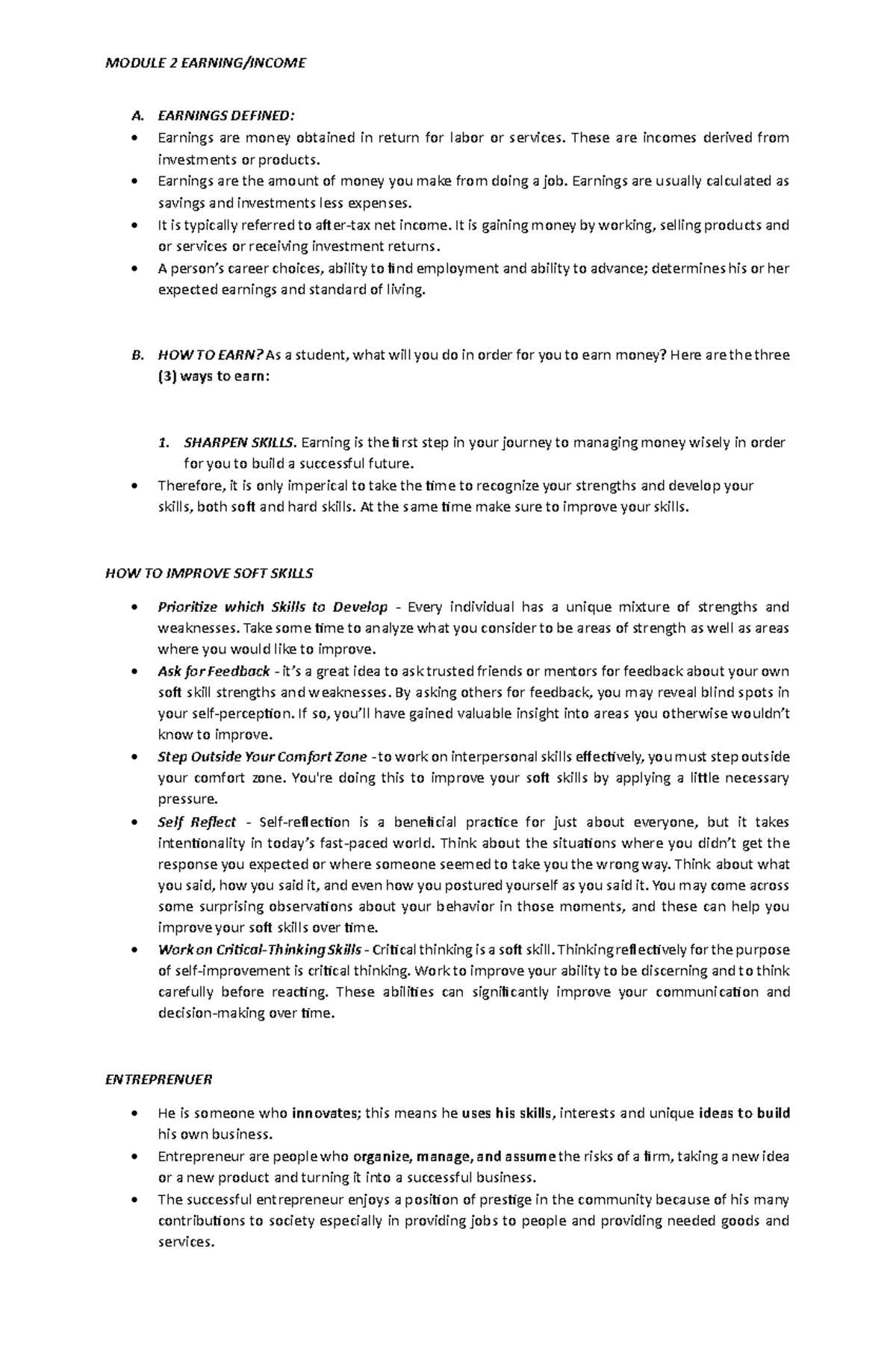 Personal Finance Module: Understanding Earnings and Income Types - Studocu