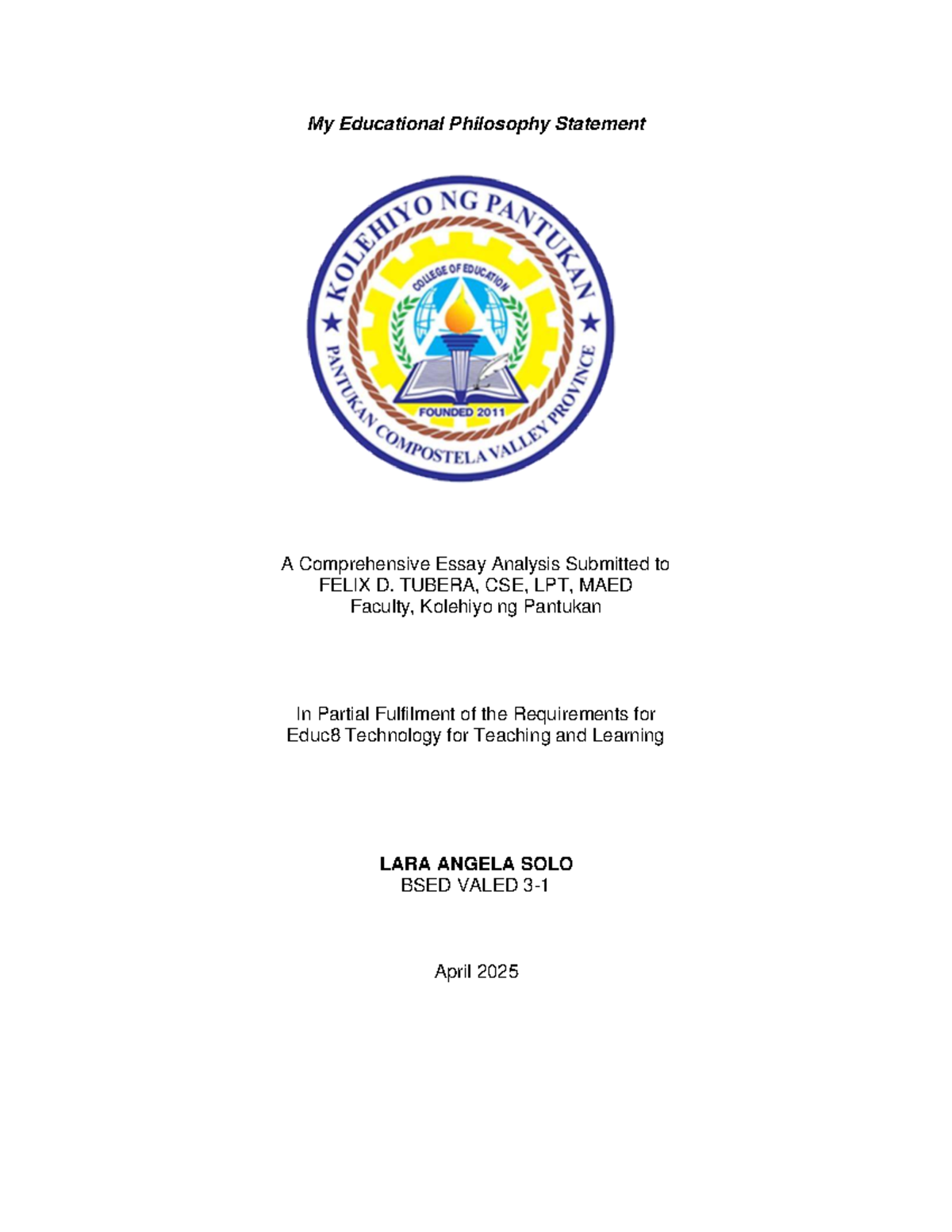 Educational Philosophy Statement: A Comprehensive Essay for Educ8 - Studocu