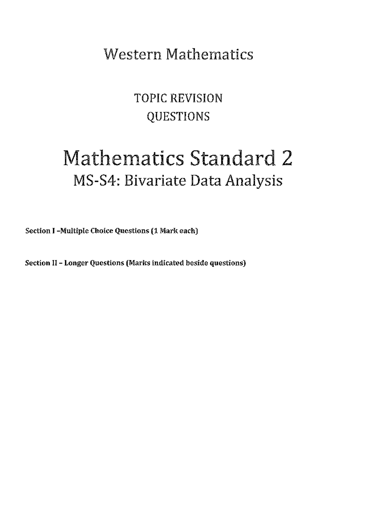 Mathematics Standard 2 Bivariate Data Analysis Revision Questions - Studocu