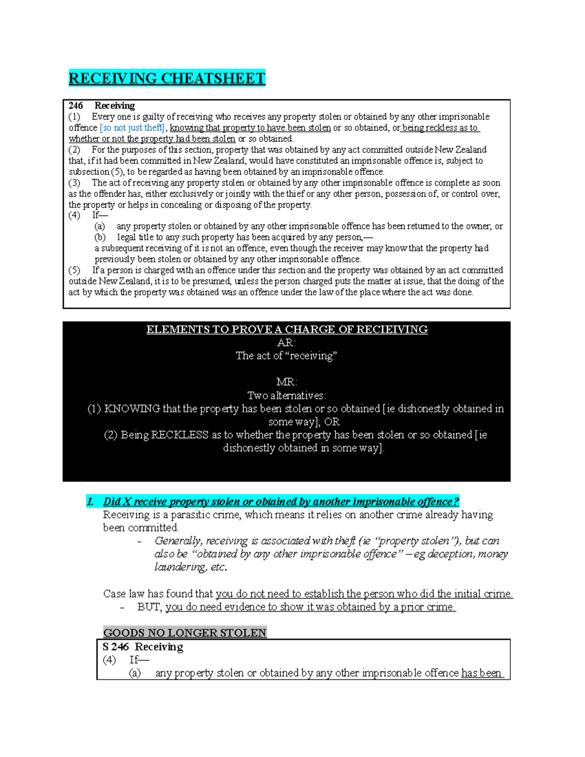 Receiving Cheat Sheet (Crimes Act 1961) - Essentials & Case Law ...
