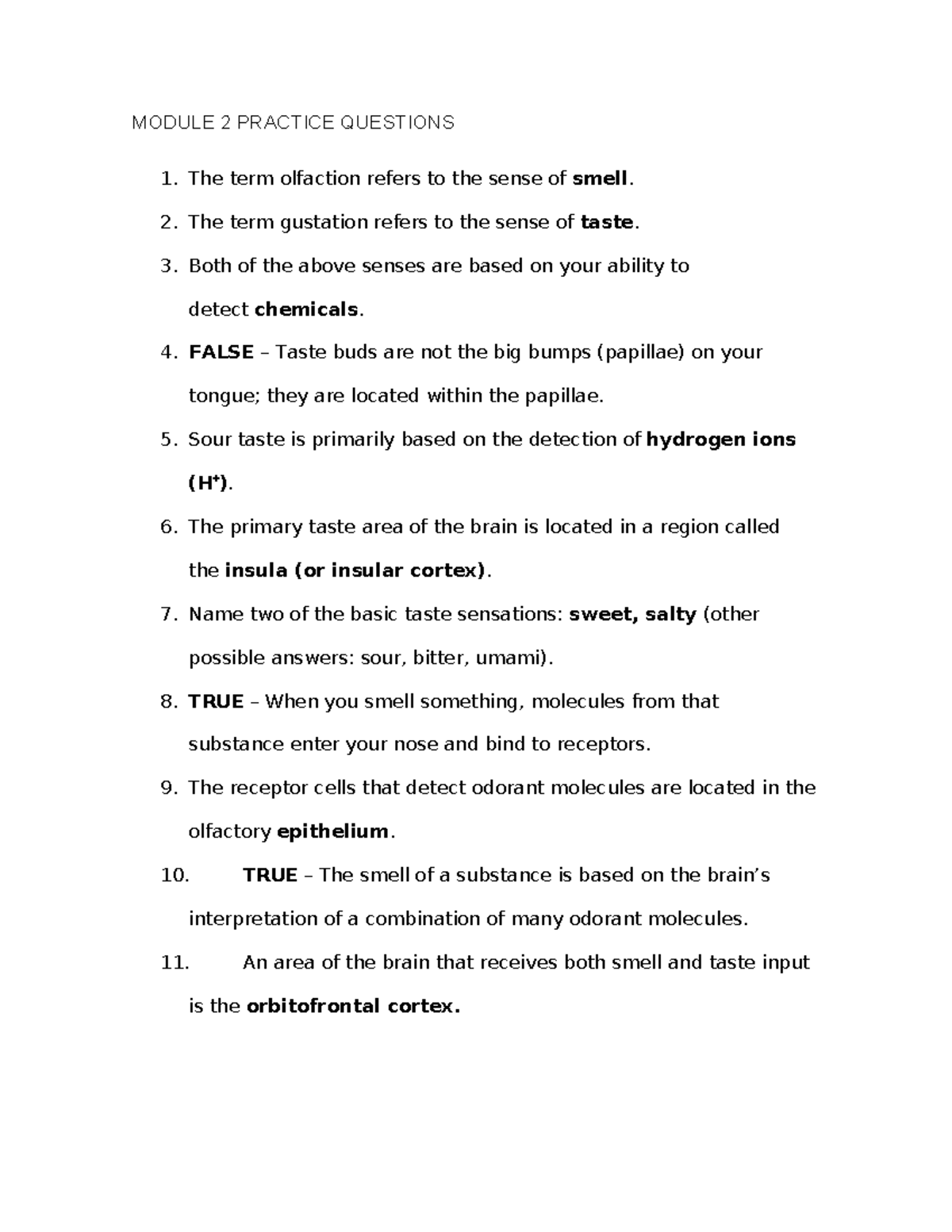 MODULE 2 PRACTICE QUESTIONS ON TASTE AND SMELL SENSATIONS - MODULE 2 ...