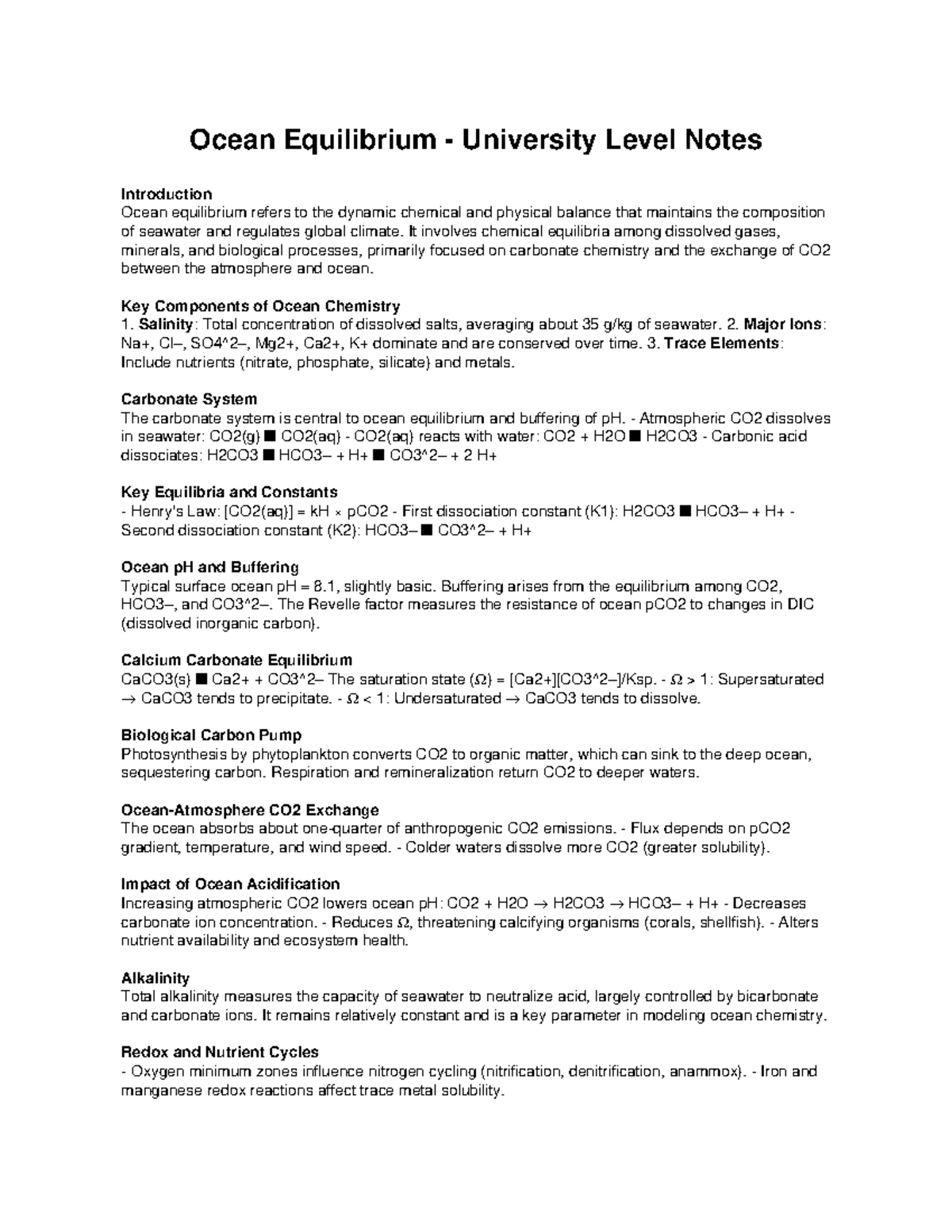 Ocean Equilibrium Notes: Key Concepts and Chemical Processes - Studocu