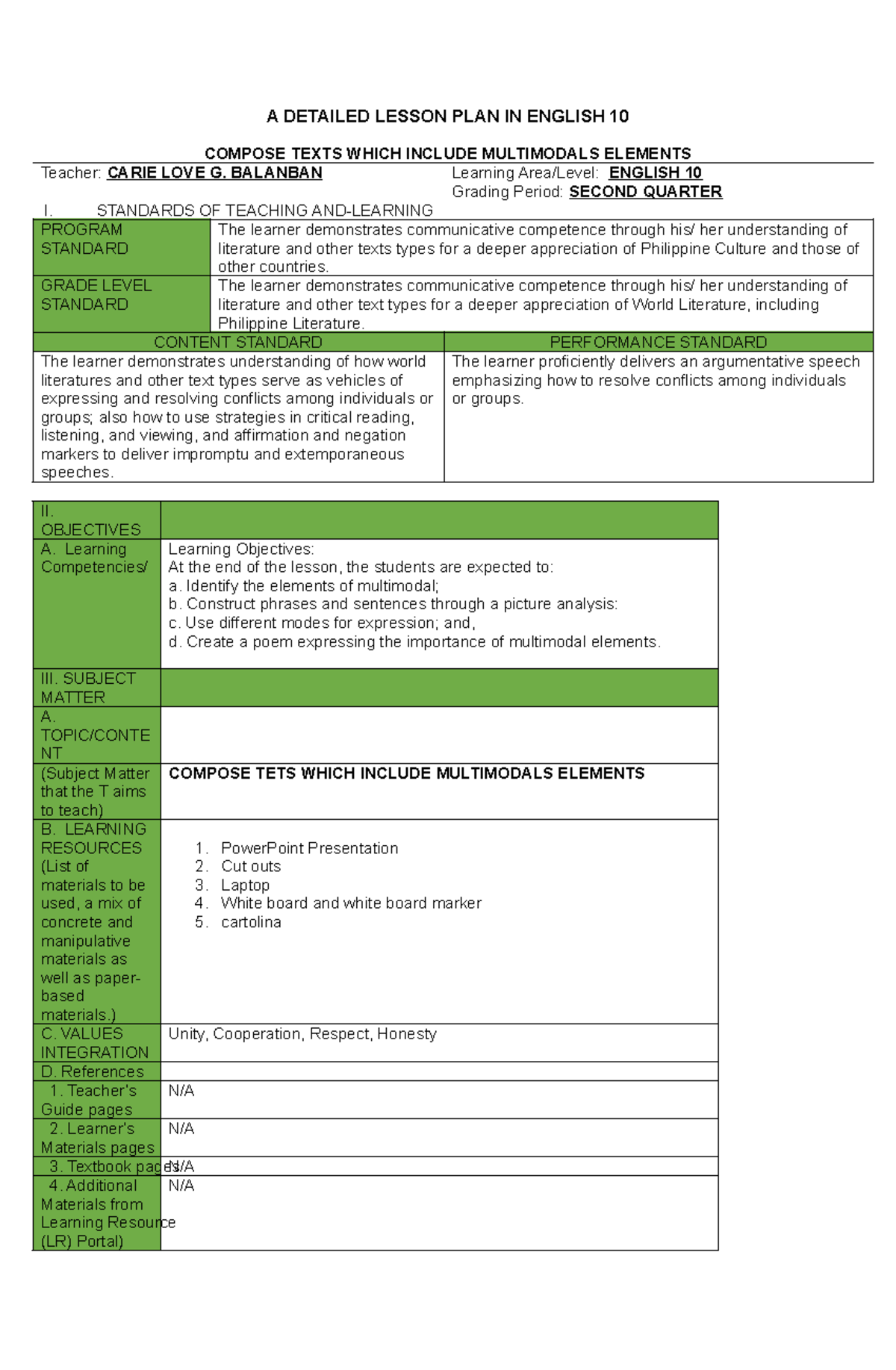 EN10-2Q Multimodal Elements: Detailed Lesson Plan & Activities - Studocu