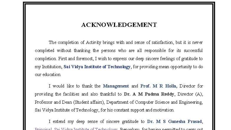 Acknowledgement of Support - CSE AI & ML Project Completion - Studocu