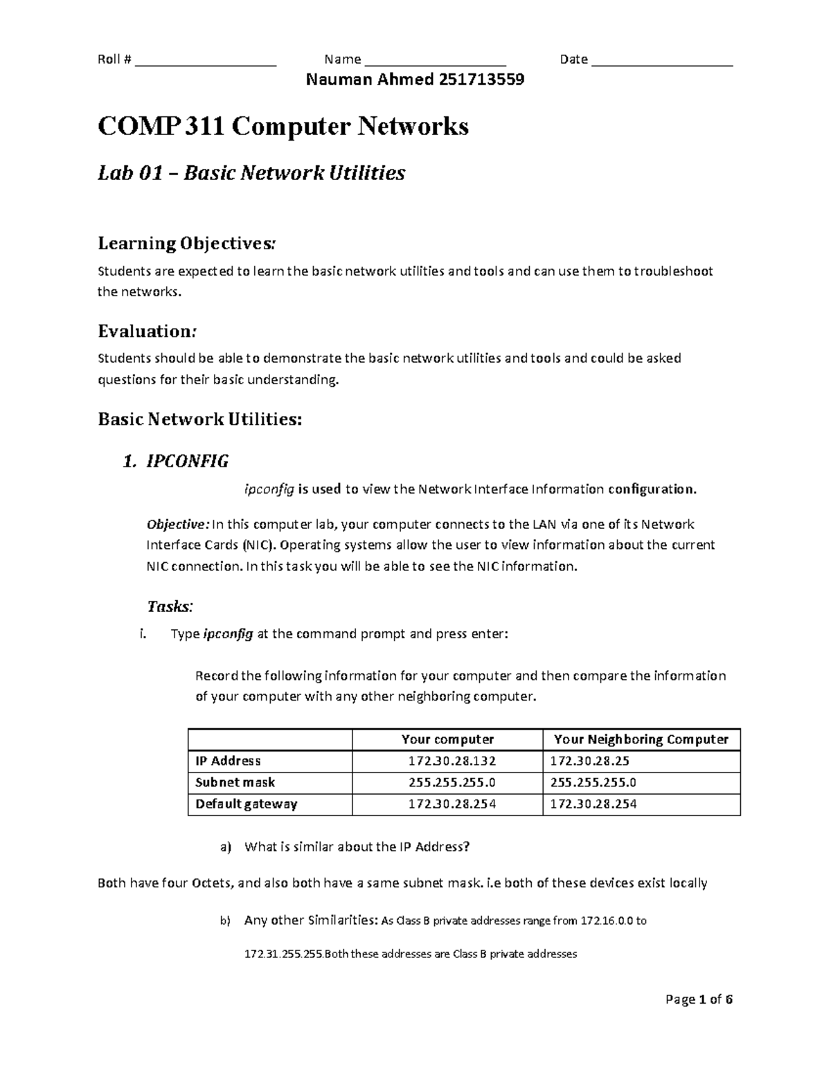 Lab 01 Basic Network Utilities Nauman Ahmed 251713559 Comp 311