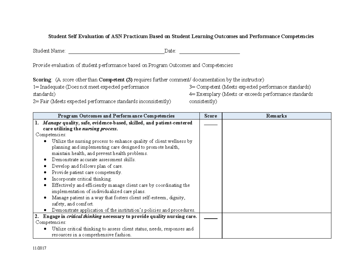 Student ASN Forms - love - 11/ Student Self Evaluation of ASN Practicum ...