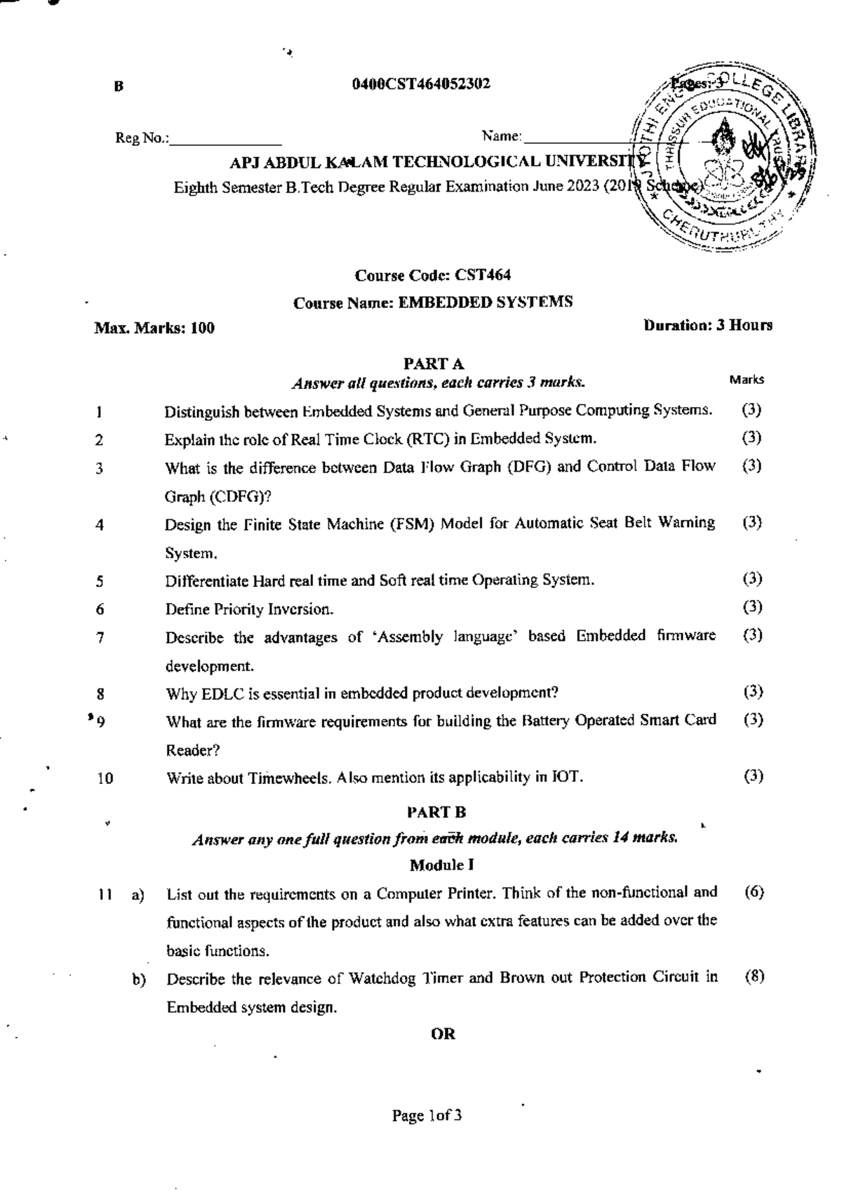 B.Tech CST464 Eighth Sem Embedded Systems Exam June 2023 - Studocu
